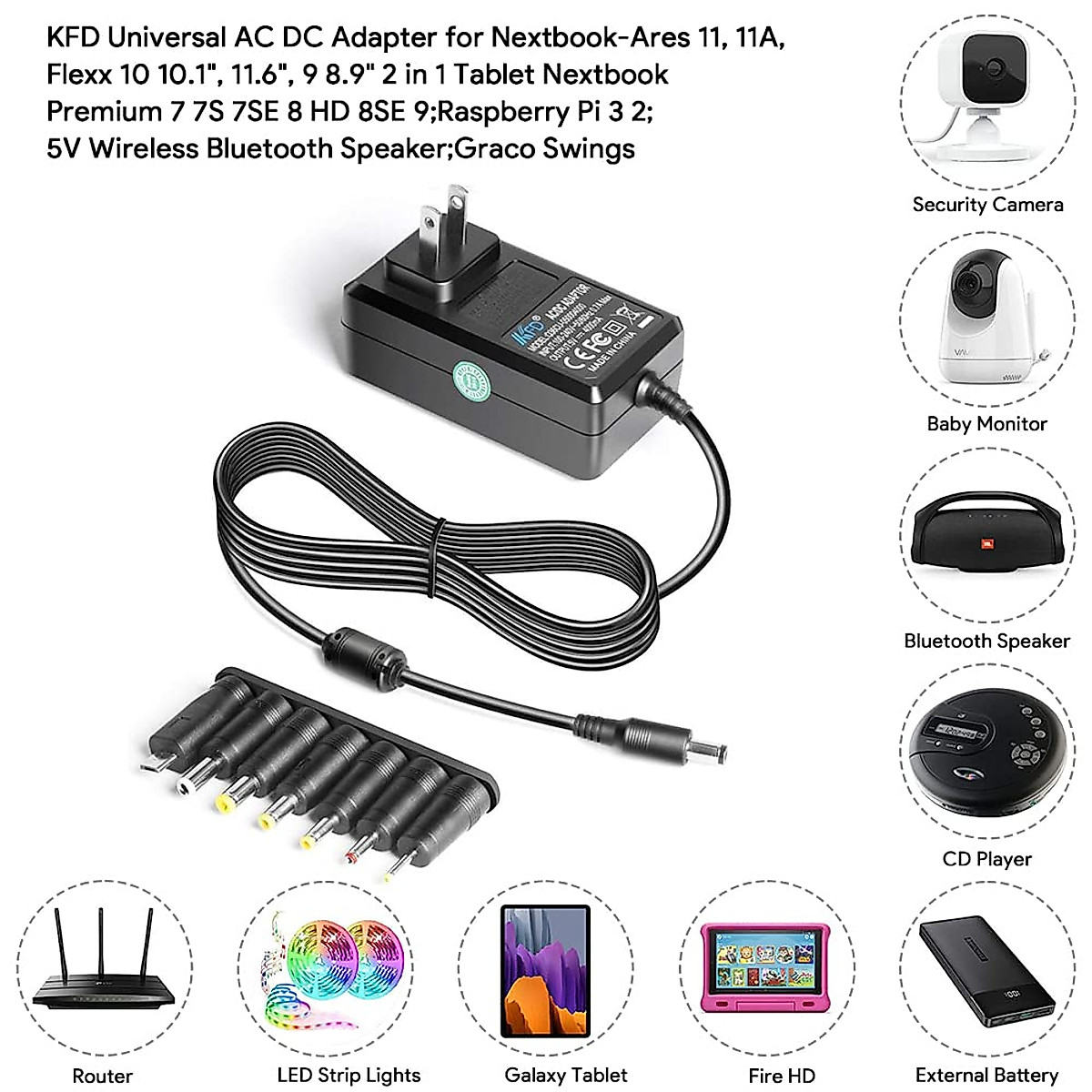 KFD 5V Power Supply Universal Charger for Sony SRS-XB30 SRS-XB21 SRS-XB31 SRS-XB20 Speaker,CD Player,Kindle Fire Tablet,Nextbook,TV Box,CCTV,LED Light,Baby Monitor Camera,Router,Toys,DJ Controller