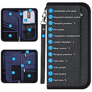 MUKEMUHE Travel Passport Holder Wallet Family Passport Documents Organizer with Upgrade All-round RFID Blocking for Family 6 Men & Women Black Large