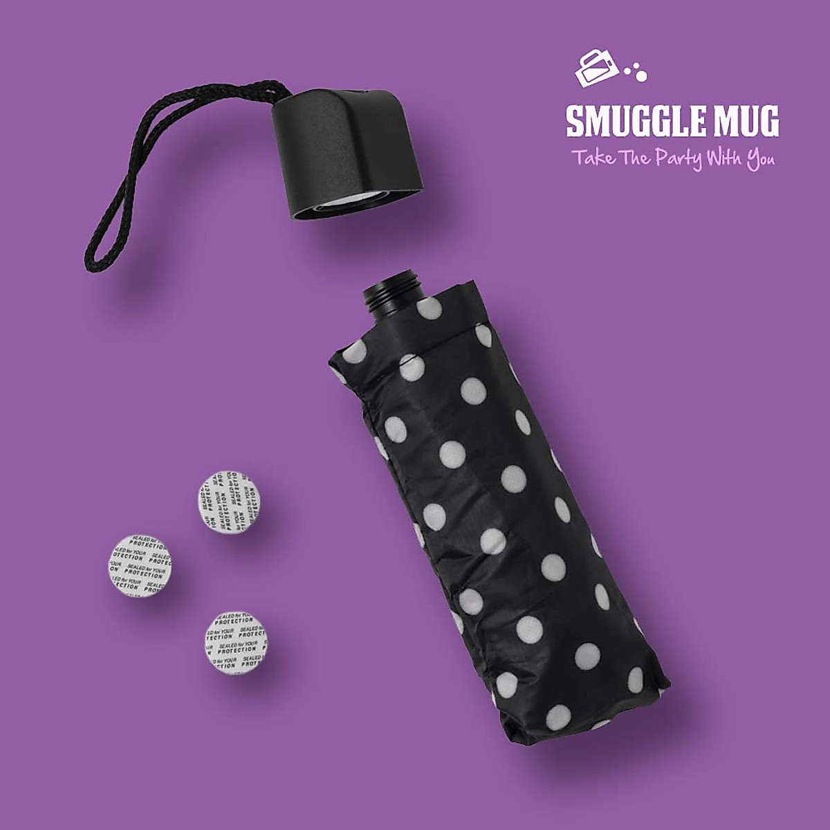 BoozeBrella by Smuggle Mug | Umbrella Hidden Alcohol Flask | Disguised Plastic Container to Sneak Liquor | Conceal Flasks for Women & Men | Funny & Sneaky Way to Hide Liquid (Black w/White Dots)