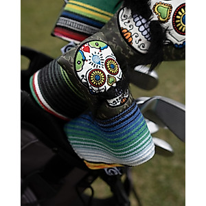 Pins & Aces LE Sugar Skull Mustache Blade Putter Head Cover - Premium, Hand-Made Leather Putter Headcover - Funny, Tour Quality Golf Club Cover - Style and Customize Your Golf Bag (Green Camo)