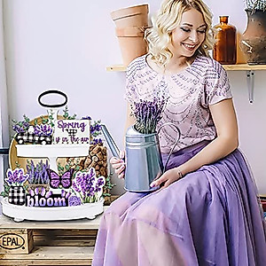 Uruney Spring Tiered Tray Decor, 6PCs Lavender Spring Decor Lavender Flower Bloom Butterfly Truck Buffalo Plaid Wooden Table Signs, Rustic Farmhouse Spring Decorations for Home Kitchen Spring Holiday