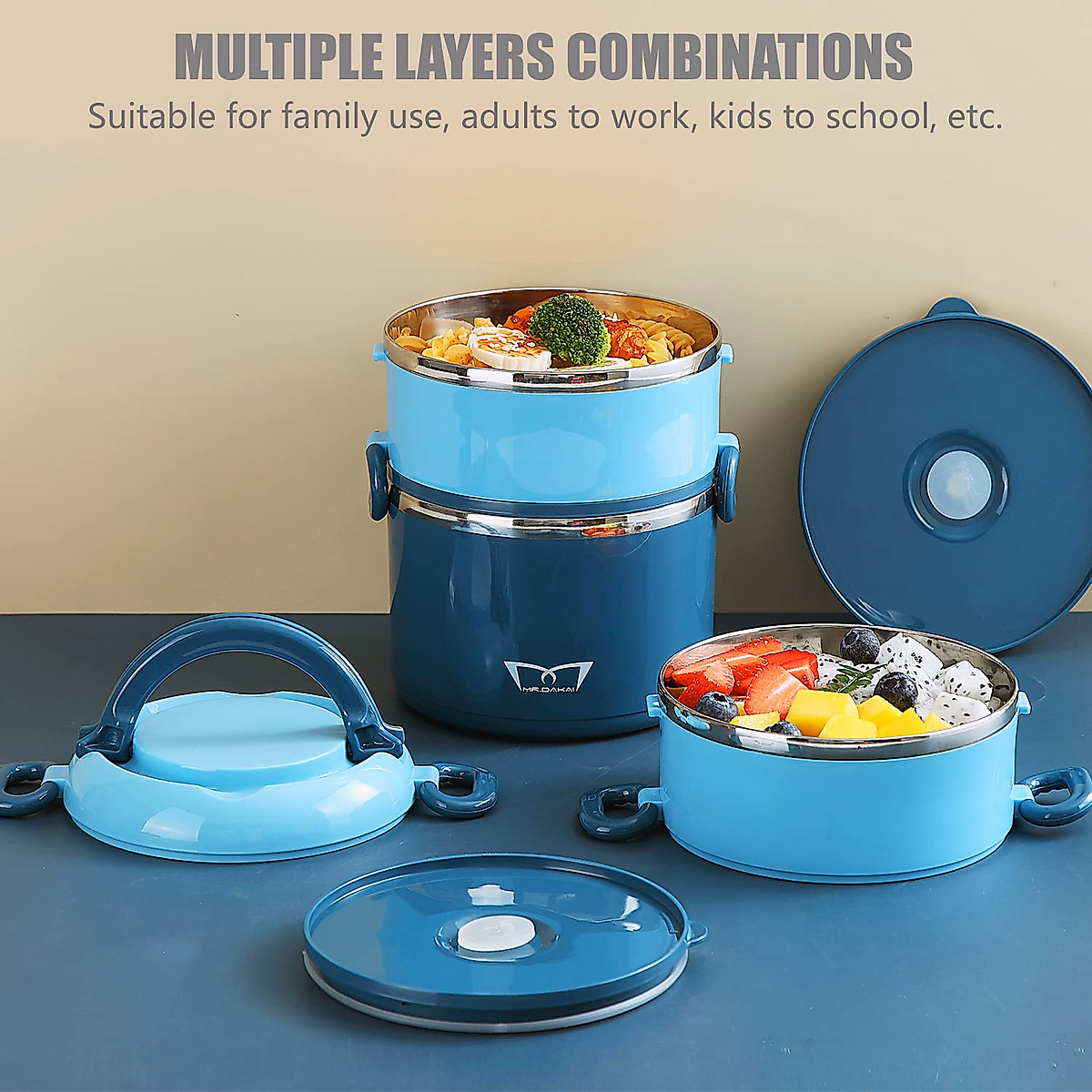 Mr.Dakai Bento Box Adult Lunch Box -81oz Stackable Bento Lunch Box for Adults,3-Tier All-in-One Insulated Thermal Food Containers,Leakproof Lunchbox with Bag/Utensil for Dining Out,Work,Blue