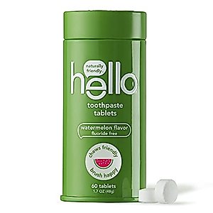 hello Kids Watermelon Eco Friendly, Travel Toothpaste, Natural Watermelon Flavor, Fluoride Free, Plastic-Free, TSA Compliant, Vegan, SLS Free, 60 Tablets