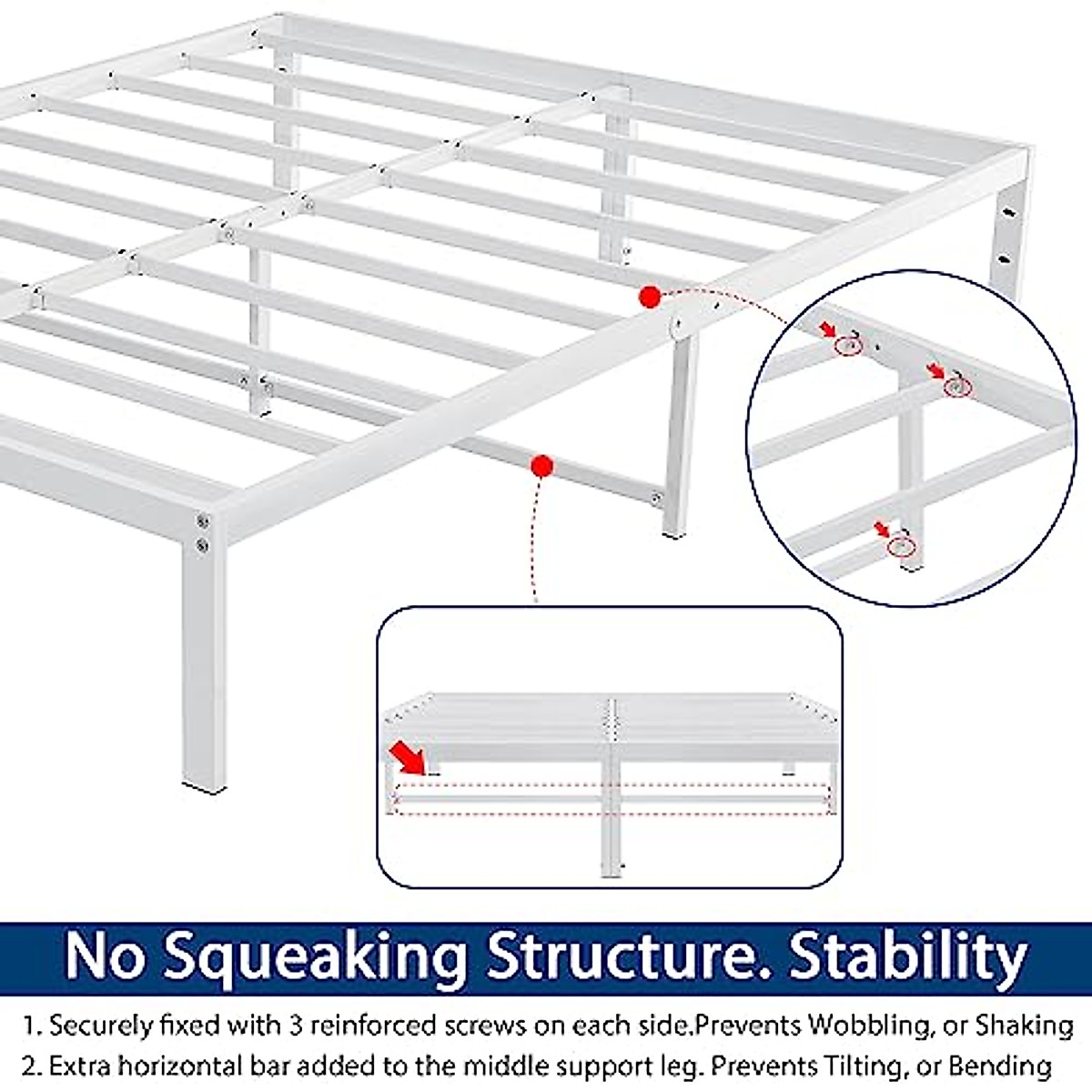 LUSIMO 14 Inch Full Bed Frame with Storage Heavy Duty Tall Metal Platform Bed Frame with Steel Slats No Box Spring Needed Noise Free Anti Slip White