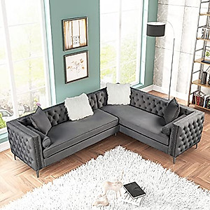 Morden Fort Tufted Velvet Couch Sectional Sofa Couches Mid Century Modern L-Shape Corner Sofa Set for Living Room, Bedroom, Office, Apartment