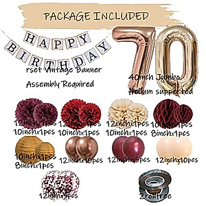 70th Birthday Decorations Women – Happy 70 Birthday Party Supplies for Womens with Champagne Burgundy Flowers Balloons Tissues Decor (Burgundy + Champagne)