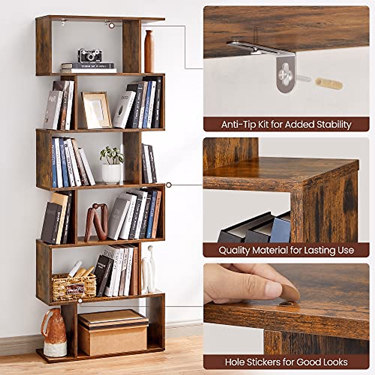 VASAGLE Bookshelf, 6-Tier Bookcase, Tall Display Shelf, Freestanding Divider, for Home Office, Living Room, Bedroom, Study, Rustic Brown