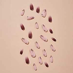 Fall Press on Nails Medium Almond SWEKKE Fake Nails Brown Gradient Full Cover Leaves False Nails with Designs Glitter Glossy Glue on Nails Manicure Artificial Acrylic Nails for Women Girls 24Pcs