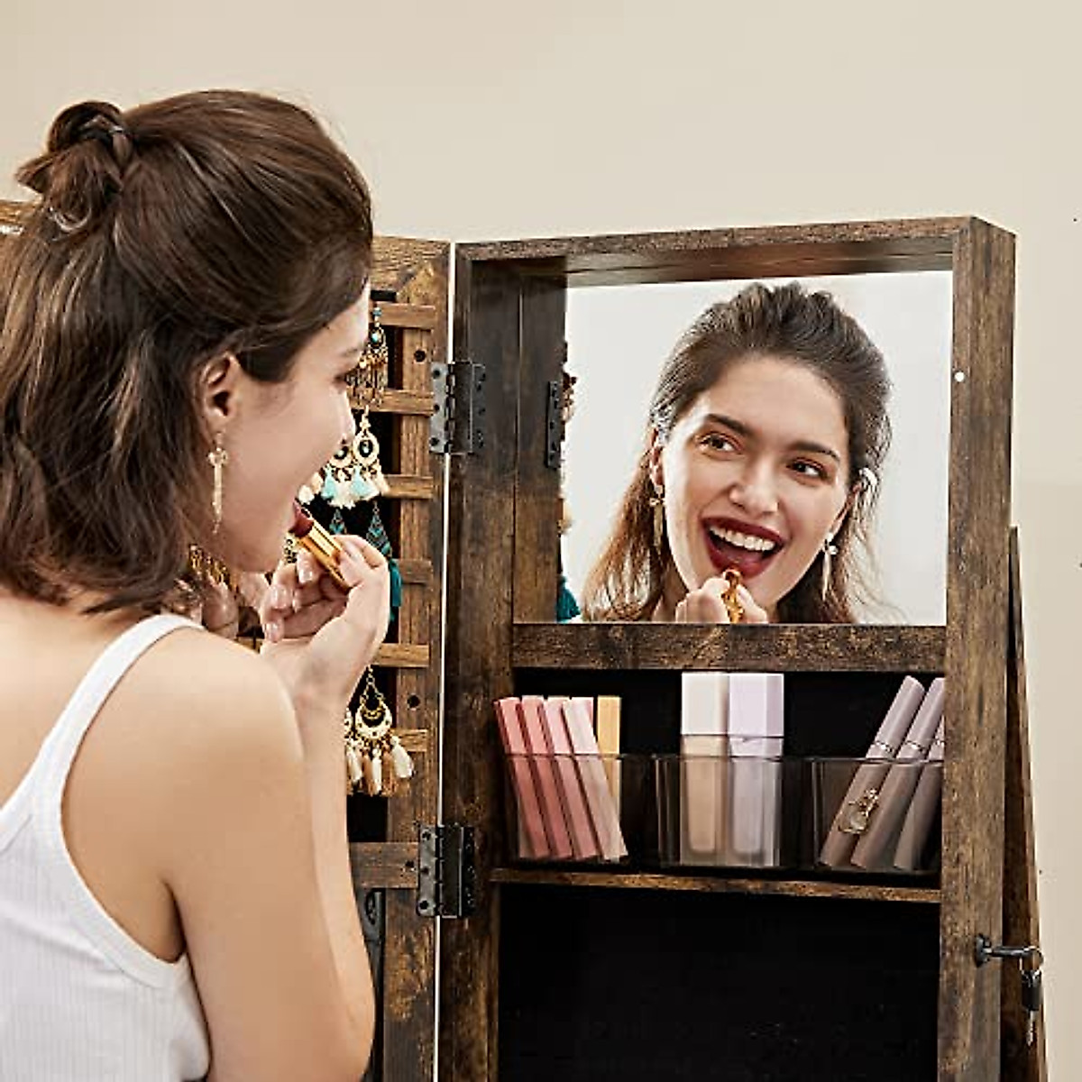 SONGMICS 360° Swivel Jewelry Cabinet, Lockable Jewelry Organizer with Full-Length Mirror, Rear Storage Shelves, Built-in Small Mirror, Jewelry Armoire, for Women, Rustic Brown UJJC006X01