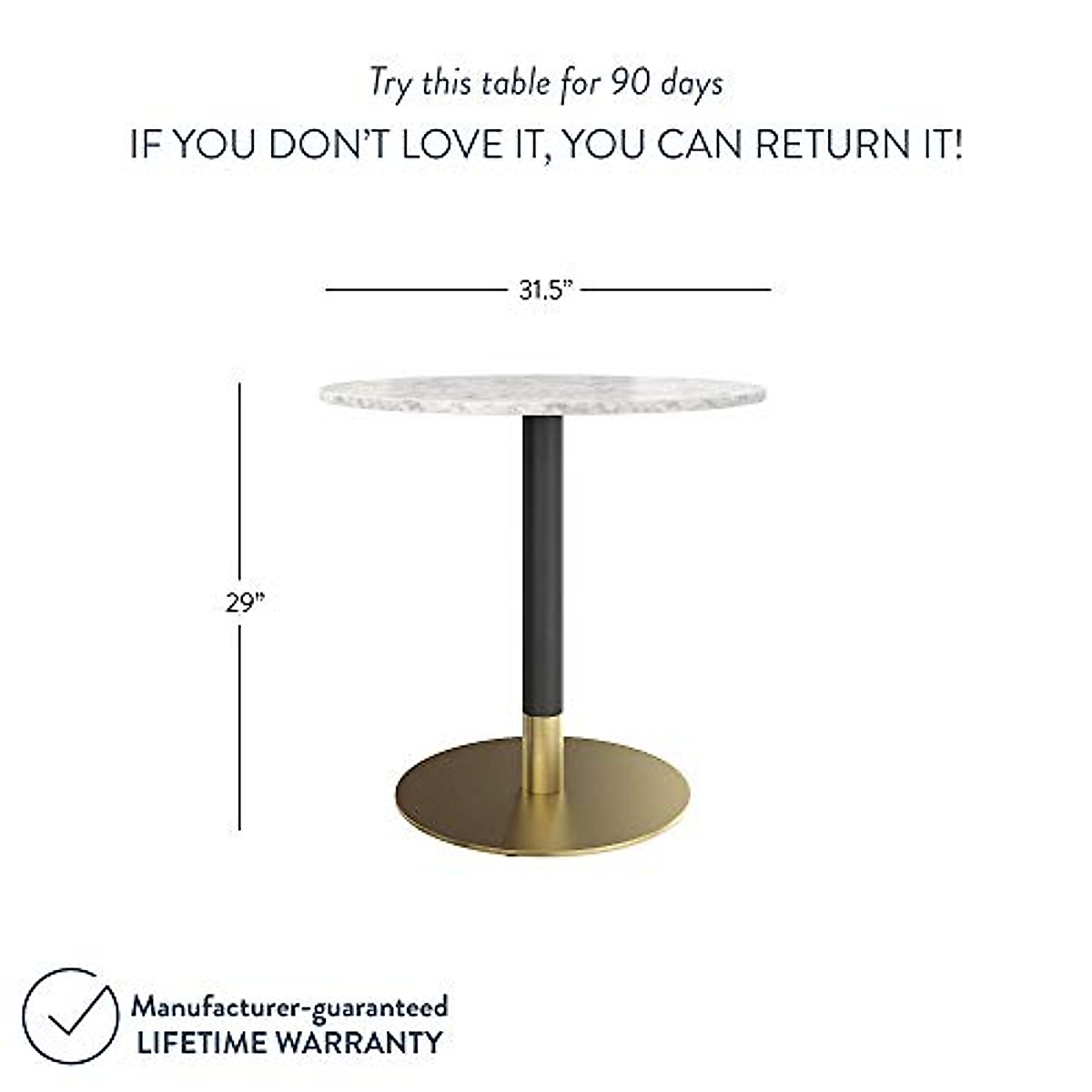 Nathan James Bistro Lucy Small Mid-Century Modern Kitchen or Dining Table with Faux Carrara Marble Top and Brushed Metal Pedestal Base, Black/Gold 31D x 31.5W x 29H in
