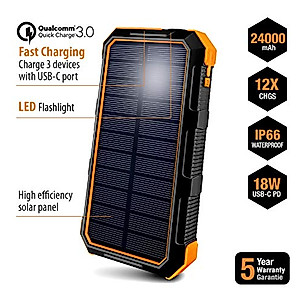ToughTested Bigfoot Portable Solar Charger - with 4-Mode LED Flashlight- IP67 All Weather, High Efficiency Solar Panel Charger for iPhone & Android Smartphones & Tablets, Drones, Cameras, (24000mAh)