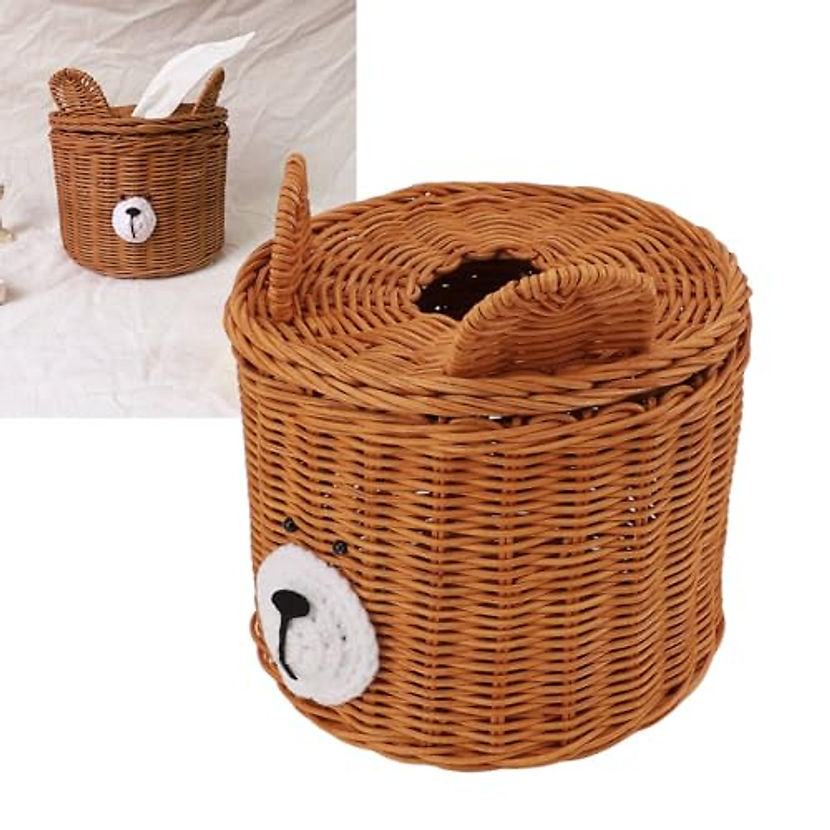 Atyhao Cute Bear Tissue Box Cover Rattan Holder with Lid, Round Easy Maintenance Dispenser, Versatile Decor, Photography Prop for Kids Rooms, Tables
