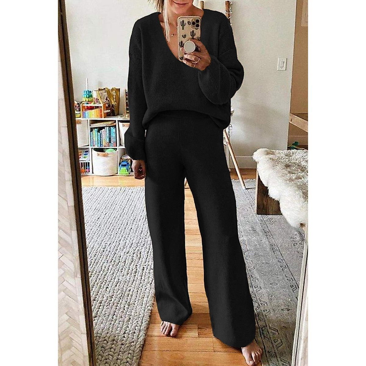 Fixmatti Women 2 Piece Outfit Set Long Sleeve Knit Pullover V Neck Sweater Top and Wide Leg Pant Sweatsuit Black XL