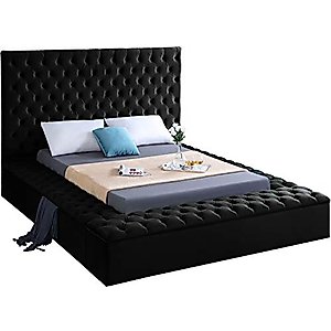 Meridian Furniture Bliss Collection Modern | Contemporary Velvet Upholstered Bed with Deep Button Tufting and Storage Compartments in Rails and Footboard, Black, Queen