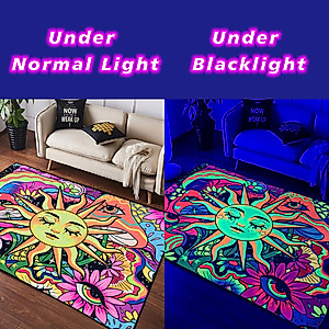 Mushroom Area Rugs - Funny Boho Sun Rug - Psychedelic Colorful Mushroom Rug Hippie Aesthetic Room Decor Carpet Glows Under Black Light Rooms Mat Rugs 60x40 Inch