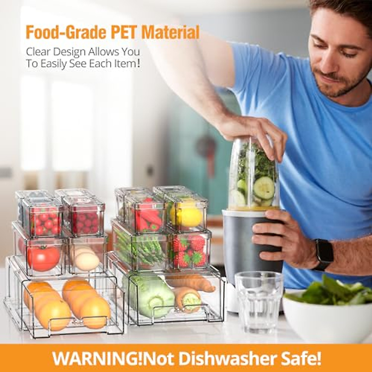 BOICHU Refrigerator Organizers and Storage - 14 Pack Clear Fridge Organizer Bins with Lids and Pull Out Drawers, 3 Size Stackable Fruit Storage Containers for Fridge, Keep Fruit and Vegetable Fresh