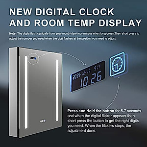 FRALIMK Recessed or Surface LED Medicine Cabinet, Lighted Mirror Cabinet with Lights, 24x30 in Bathroom Wall Cabinet with Defogger, Dimmer, Date/Time & Room Temp Display, 3X Makeup Mirror, Outlets