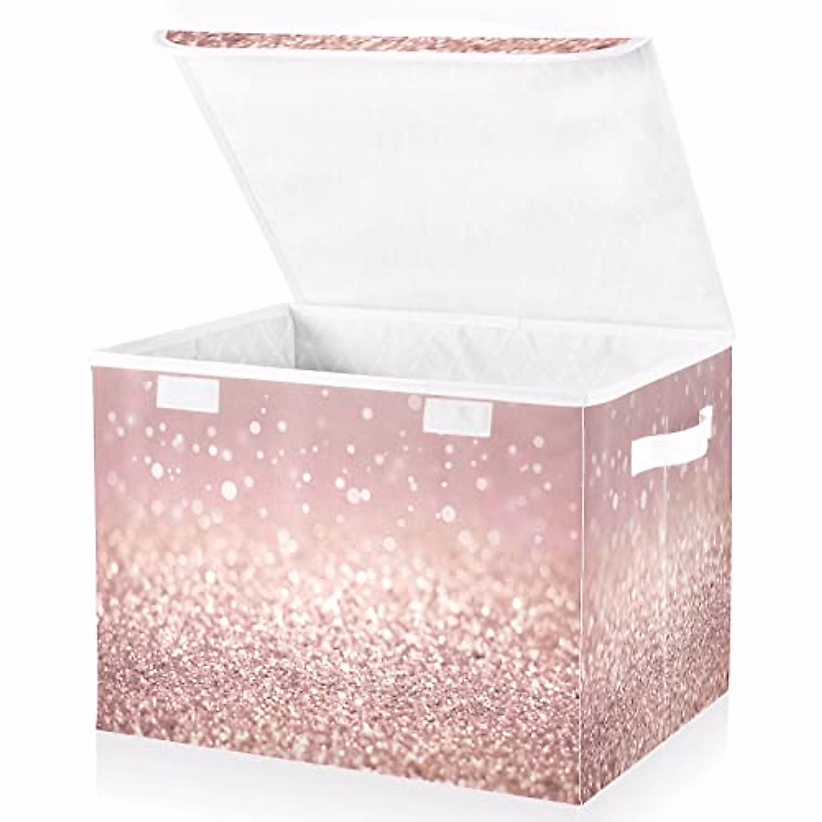 KEEPREAL Rose Gold Glitter Texture Storage Basket Bin with lid, Large Cube Storage Box Collapsible Storage Organizer for Home Office Closet - 16.5 L x 12.6 W x 11.8 H