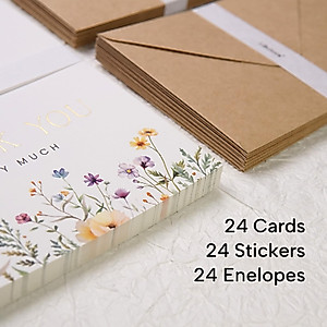 Liheheca Wildflower Thank You Cards with Envelopes,24 Pack Bulk,4x6 Inch,Kraft Envelopes,Wax Seal Stickers,Flower Greeting Cards for Baby Shower,Bridal Shower