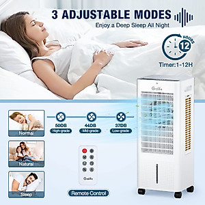 Grelife Air Cooler,3-IN-1 Portable Evaporative Air Cooler Cooling Fan with 4 Ice Packs,12H Timer,1.58 Gallons,Remote Control,3 Modes,3 Speeds,Personal Swamp Cooler for Bedroom, Home, Office, white
