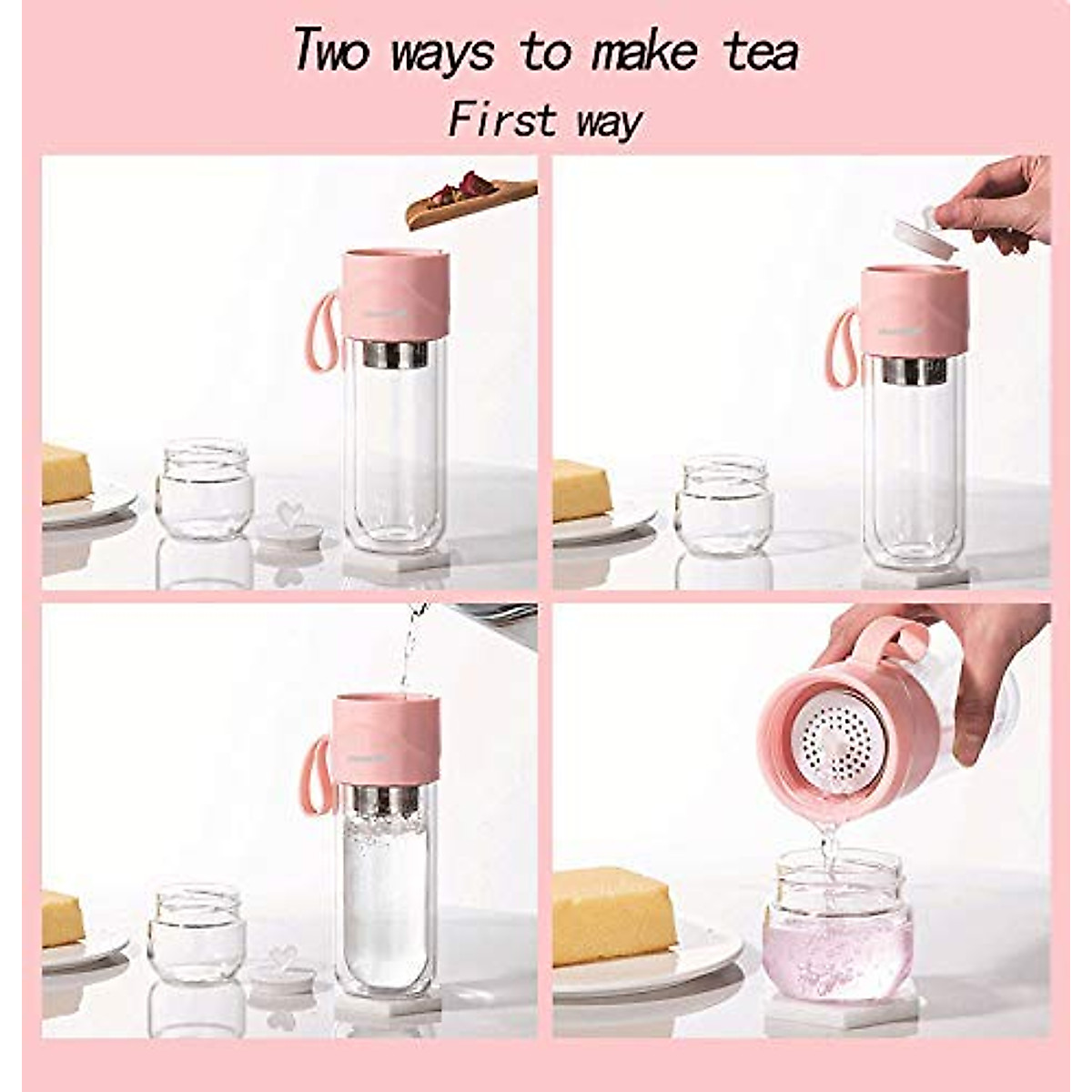 Glass Tea Bottle Double Layer Glass Tea Infuser,14 oz Travel Mug with Strainer Tea Bottle for Loose Leaf Tea, Tea Cup with Stainless Steel Mesh Filter, Portable Glass Water Bottle (White)…