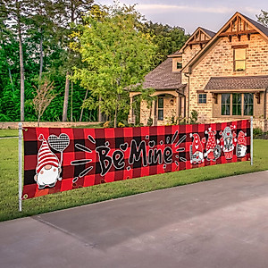 Large Be Mine Banner Valentines Day Outdoor Decorations 120" x 20" Valentine's Yard Sign Gnomes Buffalo Plaid Love Heart Balloon Red Holiday Party Supplies Valentine Backdrop Home Decor with Brass Grommets for Garden House Fence Garage Indoor Gifts Annive