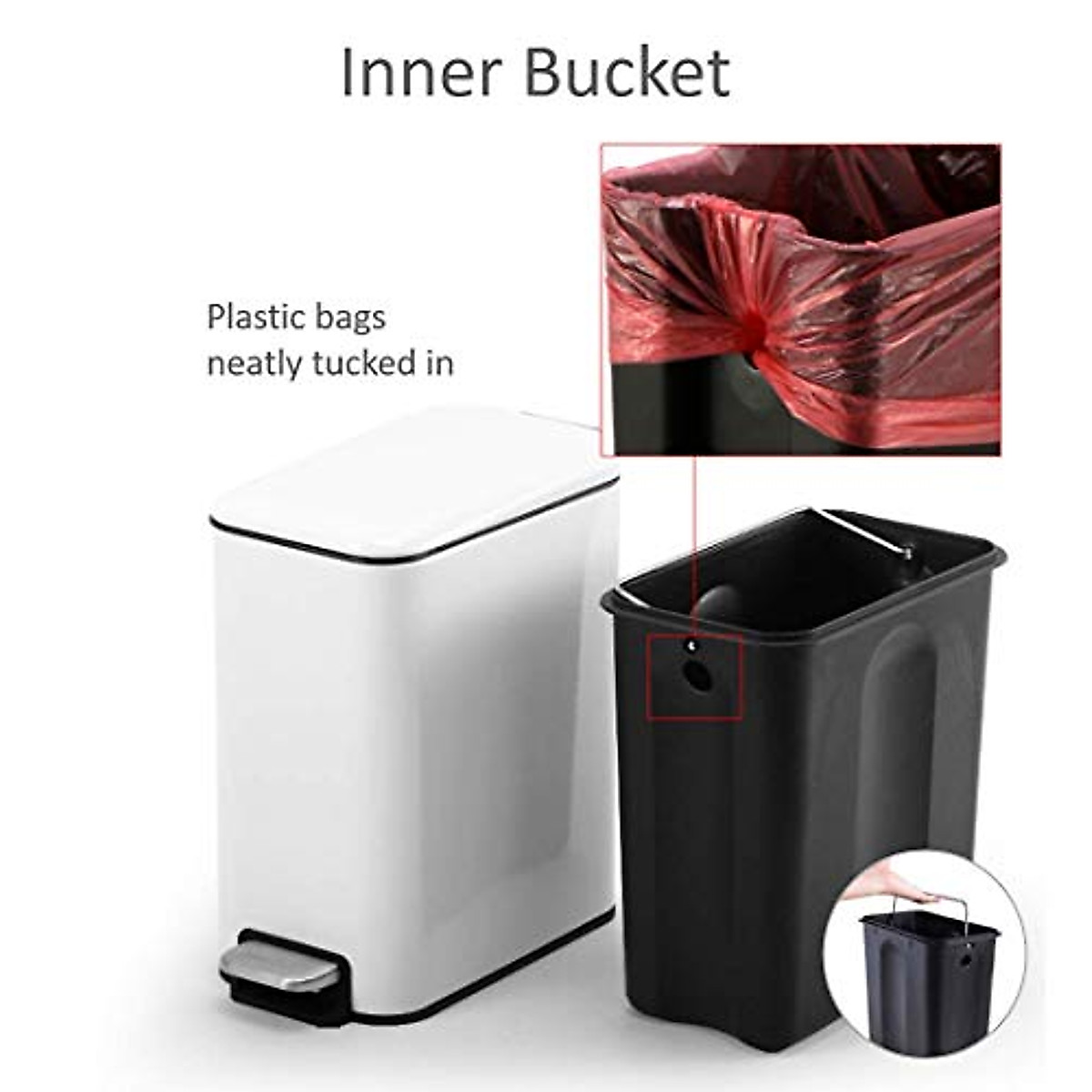 Bathroom Trash Can Wastebasket with Soft Close Lid - Rectangular Slim Narrow Stainless Steel Step Garbage Can for Craft Room Bedroom Kitchen Office - Removable Inner Bucket 5L/1.3 Gal (White)