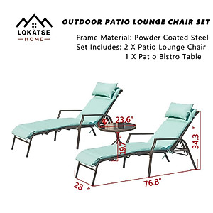 LOKATSE HOME 3 Pieces Outdoor Patio Chaise Lounge Chair Lounger Seating Furniture Set with Cushions and Table, Light Blue