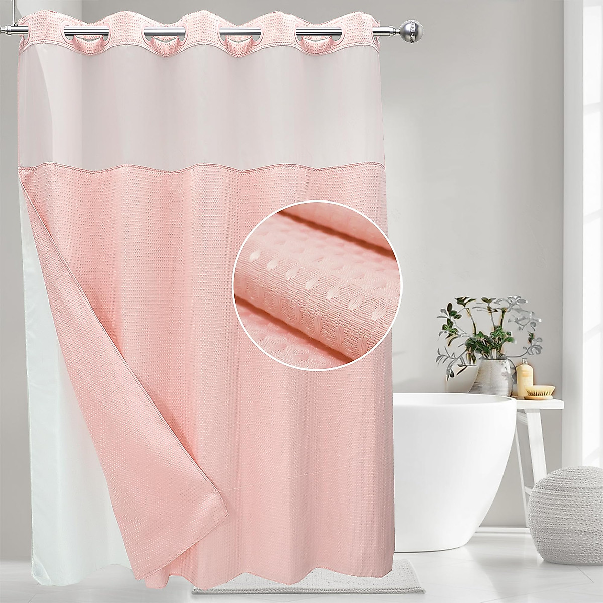 VIUOON No Hook Waffle Weave Shower Curtain with Snap-in Fabric Liner Set, Hotel Style with See Through Top Window, 230GSM Heavy Duty Fabric, Waterproof & Washable for Bathroom, 71W x 74H, Pink