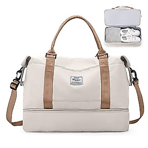 Weekender Bags for Women, Personal Item Travel Bag with Shoes Compartment, Overnight Travel Duffel Bag with Wet Pocket & Trolley Sleeve,Gym Bag,Beige & Brown