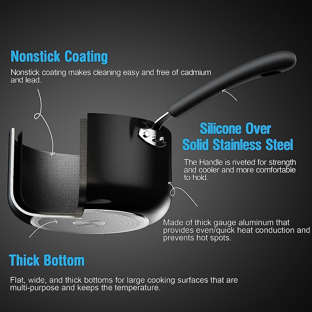 Cook N Home 8"/10"/12" 3 Pieces Frying Saute Pan Set with Non-stick Coating and Induction Compatible bottom, Black