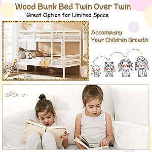 KOMFOTT Wood Bunk Bed Twin Over Twin, Bunk Bed with Ladder & Safety Guardrail, Solid Wood Bed Frame, Ideal for Dormitory & Multiple-Child Family, No Box Spring Needed, Kids Bunk Bed