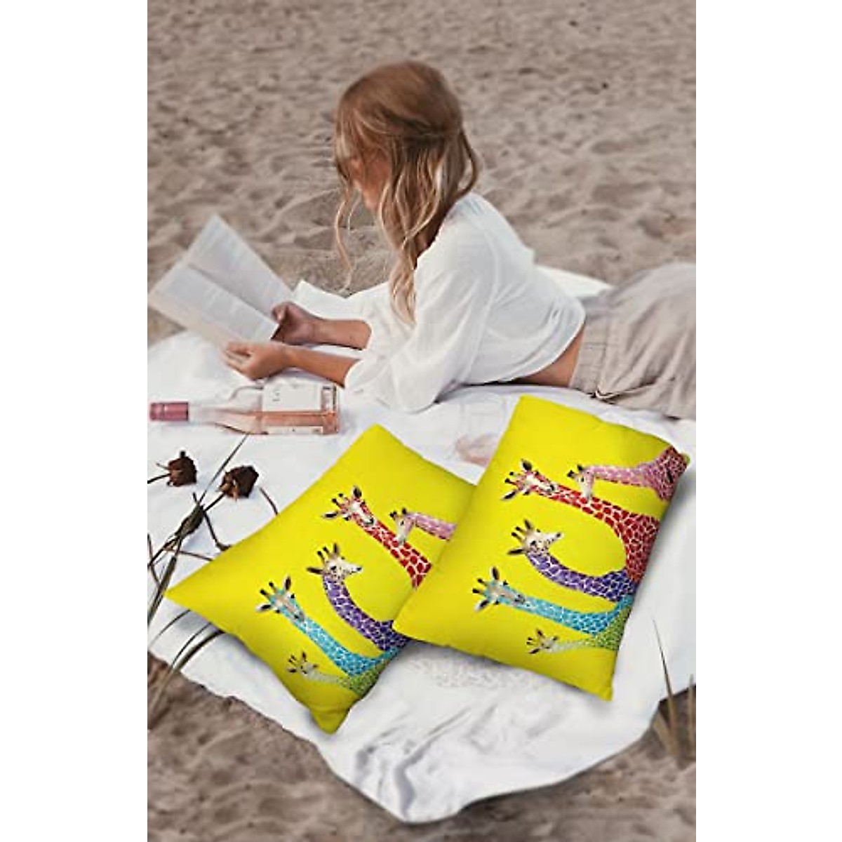 Animal Giraffe Abstract Painting Outdoor Pillow Cover 12x20 Inch Cushion Sham Case, Yellow Backdrop Waterproof Decorative Lumbar Throw Pillowcase for Outside Garden Patio Porch Couch Chair Tent