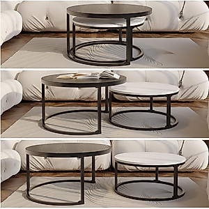 Usinso Round Coffee Tables,2 Round Nesting Table Set Circle Coffee Table with Storage Open Shelf for Living Room Modern Minimalist Style Furniture Side End Table of Stable(Black & White)