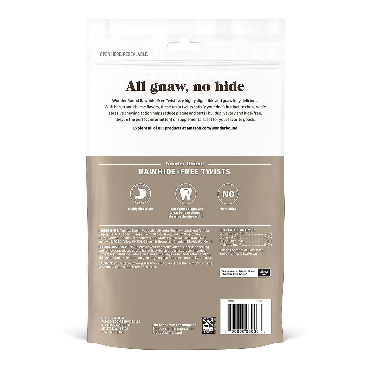 Amazon Brand - Wonder Bound Bacon & Cheese Flavor Twist Sticks - 55 Count - Rawhide-Free Dog Treats, Dental Health Chews for Plaque & Tartar Control, Easy to Digest, Long-Lasting