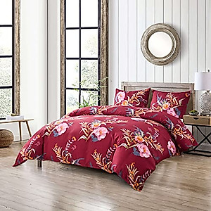 YFISAN Floral Duvet Cover Set King Red Flower Comforter Cover Set King 104"x90" Burgundy Lightweight Soft 3 Pieces Breathable Bedding Set (No Comforter Included，Rwd Flower, King)