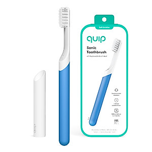 Quip Sonic Toothbrush for Adults - Timed Electric Toothbrush with Cover - Replaceable Brush Head, Soft Bristles, Plastic Handle, 3 Month Battery Life - Travel Toothbrush - Blue
