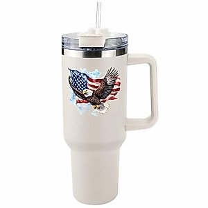 LB LEOBON 40 ounce insulated cup with handle, double-layer vacuum stainless steel material, equipped with straw, can keep warm or maintain cold drinks Eagle American Flag white