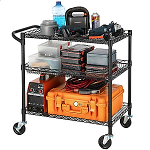 Finnhomy 3 Tier Heavy Duty Commercial Grade Utility Cart, Wire Rolling Cart with Handle Bar, Steel Service Cart with Wheels, Kitchen Cart on Wheels, Food Storage Trolley, NSF Listed, Black