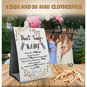 Muruseni Don't Say Baby Clothespin Games Sign(1 Sign + 50 Mini Clothespins), Baby Shower Games, Golden Leaf,Gender Neutral Baby Shower (1D)