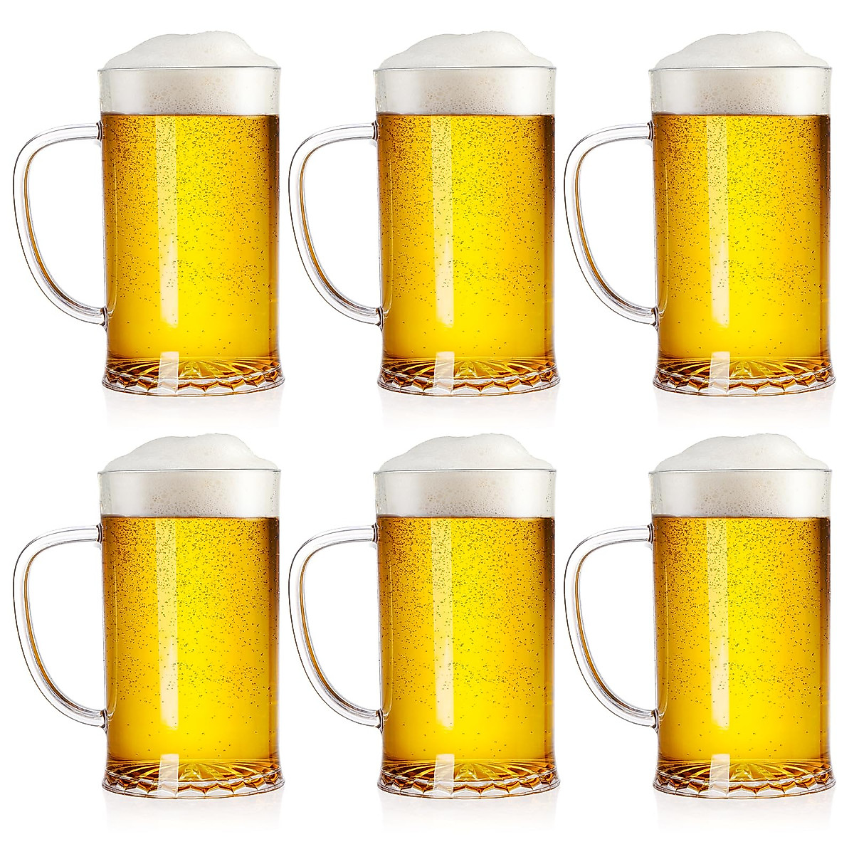 ZEAYEA Set of 6 Plastic Beer Mug, 16 oz Acrylic Beer Drinking Cups with Handle, Clear Reusable Beer Stein Glasses for Party Bar Home Hotel Whiskey Juice Cocktail Beverages