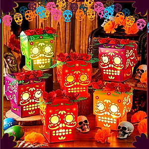 Glooglitter 32 Sets Dia De Los Muertos Luminary Bags Lanterns with Flameless Tea Candle Halloween Day of The Dead Paper Treat Bags Flame Resistant Candle Box for Dia De Los Muertos Party Decorations