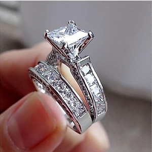 Zhiwen Lovely Ring -2-in-1 Womens Vintage Princess Cut Topaz Cz 10KT White Gold Filled White Diamond Silver Engagement Wedding Band Ring Set Size6-10 (US code 8)
