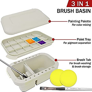 DUGATO Paint Brush Cleaner Washer, Multifunction Painting Brush Basin Holder and Organizer width Tray Palette Lid & 2 Art Sponges for Acrylic, Watercolor, Oil, Gouache Painting