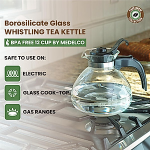 CAFÉ BREW COLLECTION Borosilicate Glass Stove Top Whistling Tea Kettle - Best BPA Free Whistling Tea Kettle - Best Glass Tea Kettle - 12 Cup Stovetop Glass Whistling Tea Kettle by Medelco