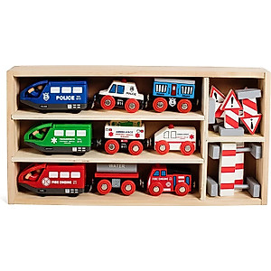 On Track USA Wooden Train Set for Toddlers Battery Operated Action Rescue Trains with 3 Magnetic Motorized Engines and 6 Cars, Compatible with Thomas, Brio, Melissa and Doug
