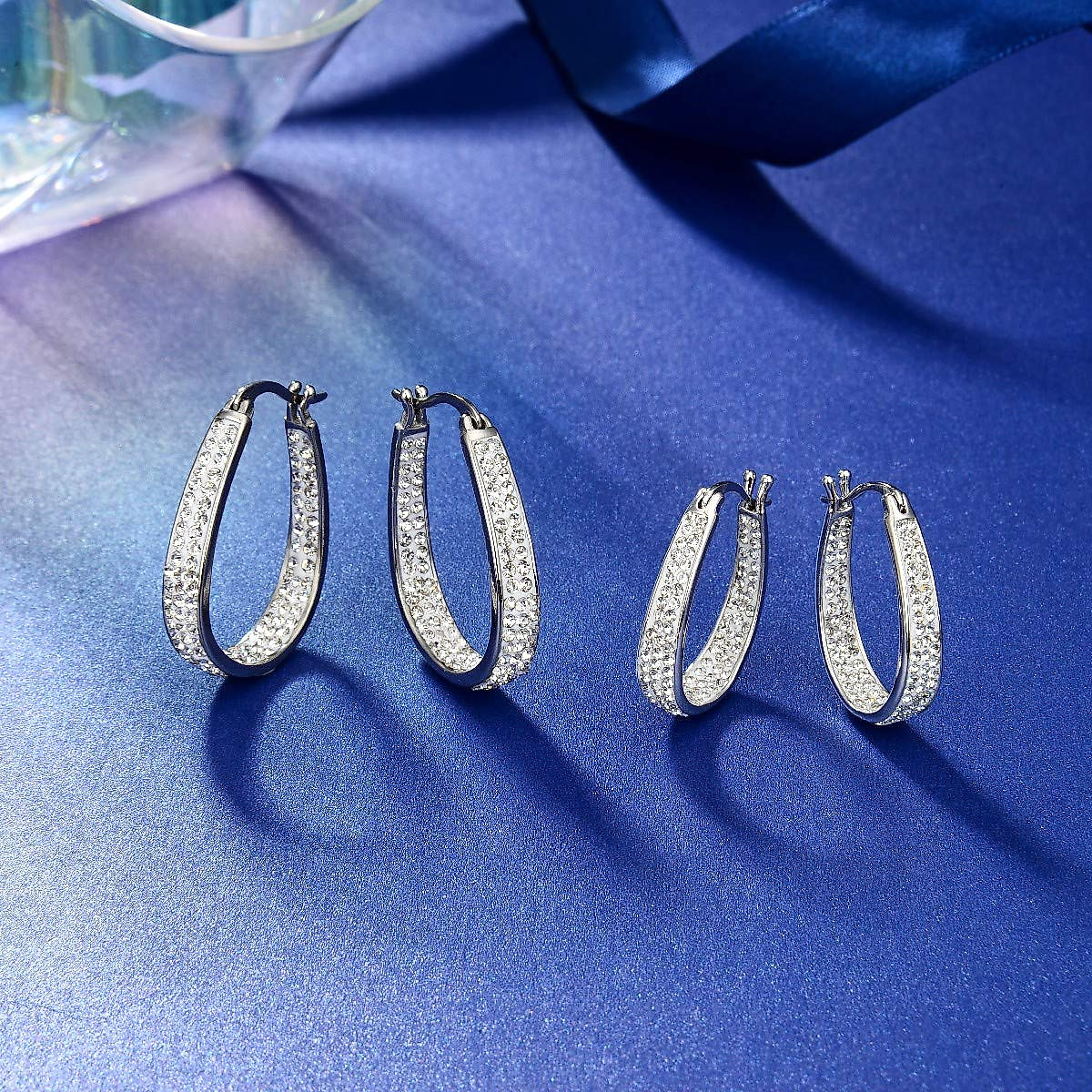 Crystal Hoop Earrings - Silver Plated Inside Out Oval Shape Hoop Earrings for Women, 1.2 Inch (White)