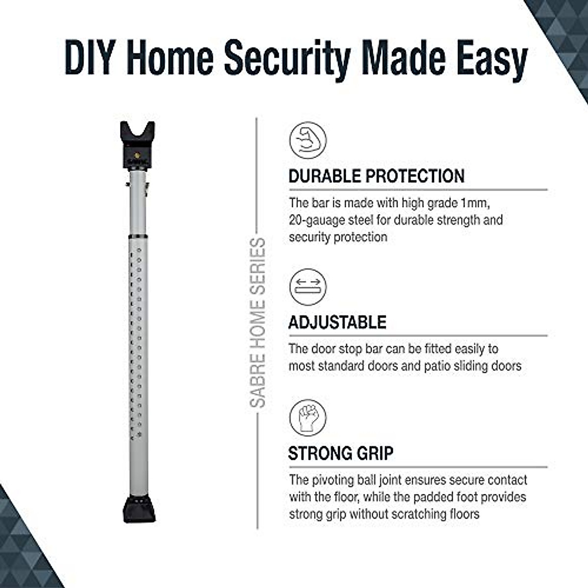 SABRE Adjustable Door Security Bar with Vibration Detecting Alarm, 115dB Alarm Audible Up To 1,100 Ft (335 m), Adjusts To Fit Most Hinged & Sliding Doors, Rubberized Foot for Strong Grip, Collapsible