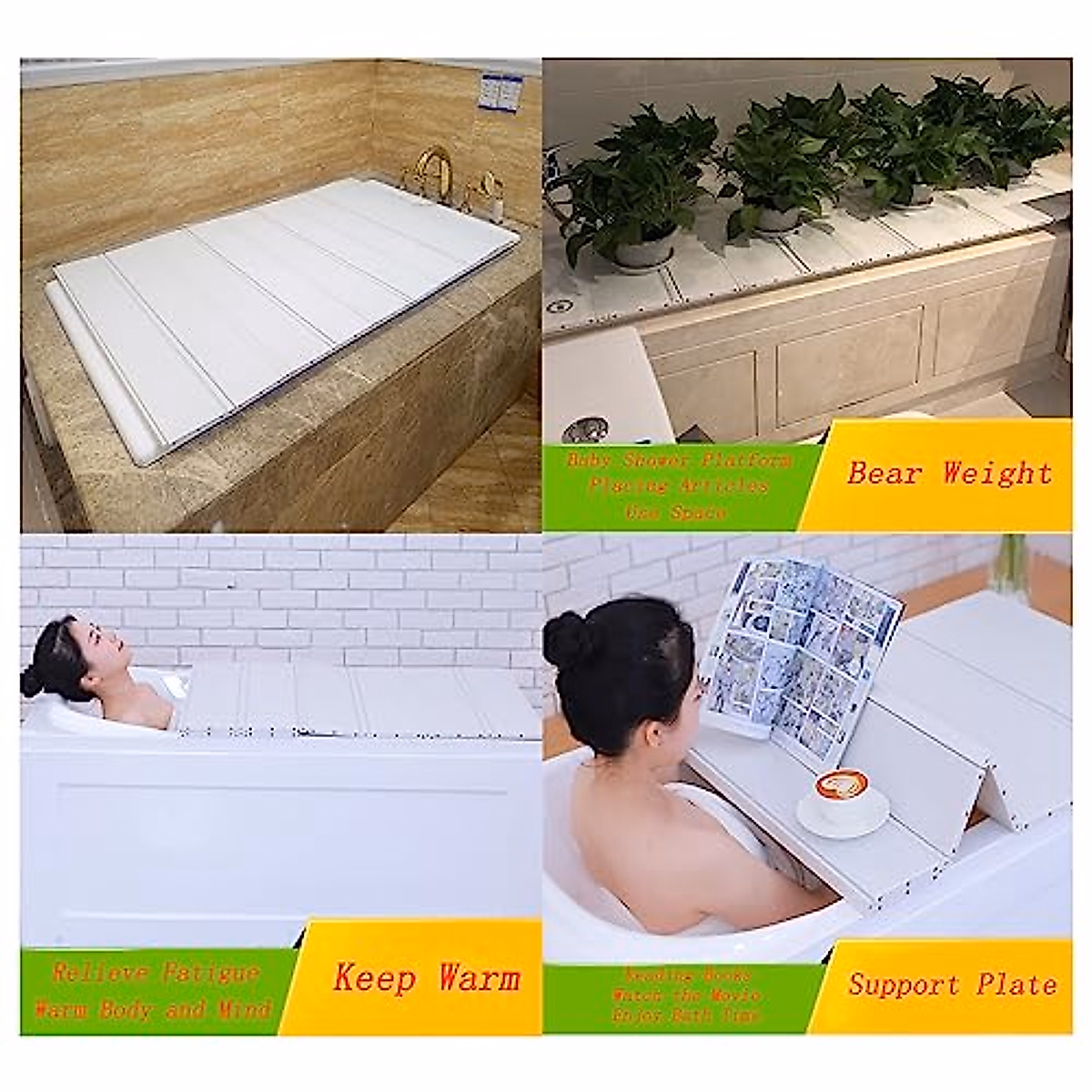 MOGUOBIN Shutter Bath Lid,1.2cm Thickness White Wood Grain PVC Bathtub Tray,Bath Insulation Cover,Foldable Anti-dust Bathtub Cover Bath Insulation Cover,Can Store Wine Glass,Tablets,Books,Cellphones