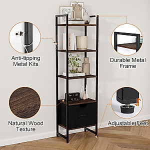 Fun Memories 5-Tier Bookshelf with Drawer - Tall & Narrow Bookcase, Solid Wood & Metal Book Shelf Storage Organizer, Free-Standing Storage Unit for Bedroom, Living Room, Home Office-Brown